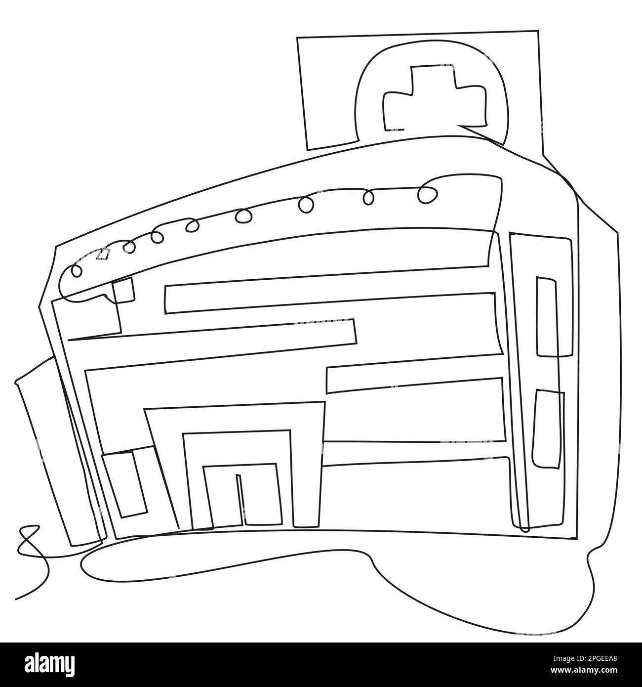 One line clinic building in a simple doodle style on white background ...
