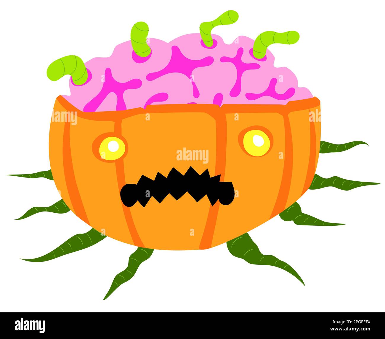 Zombie pumpkin with a brain inside eating worms on a white background ...