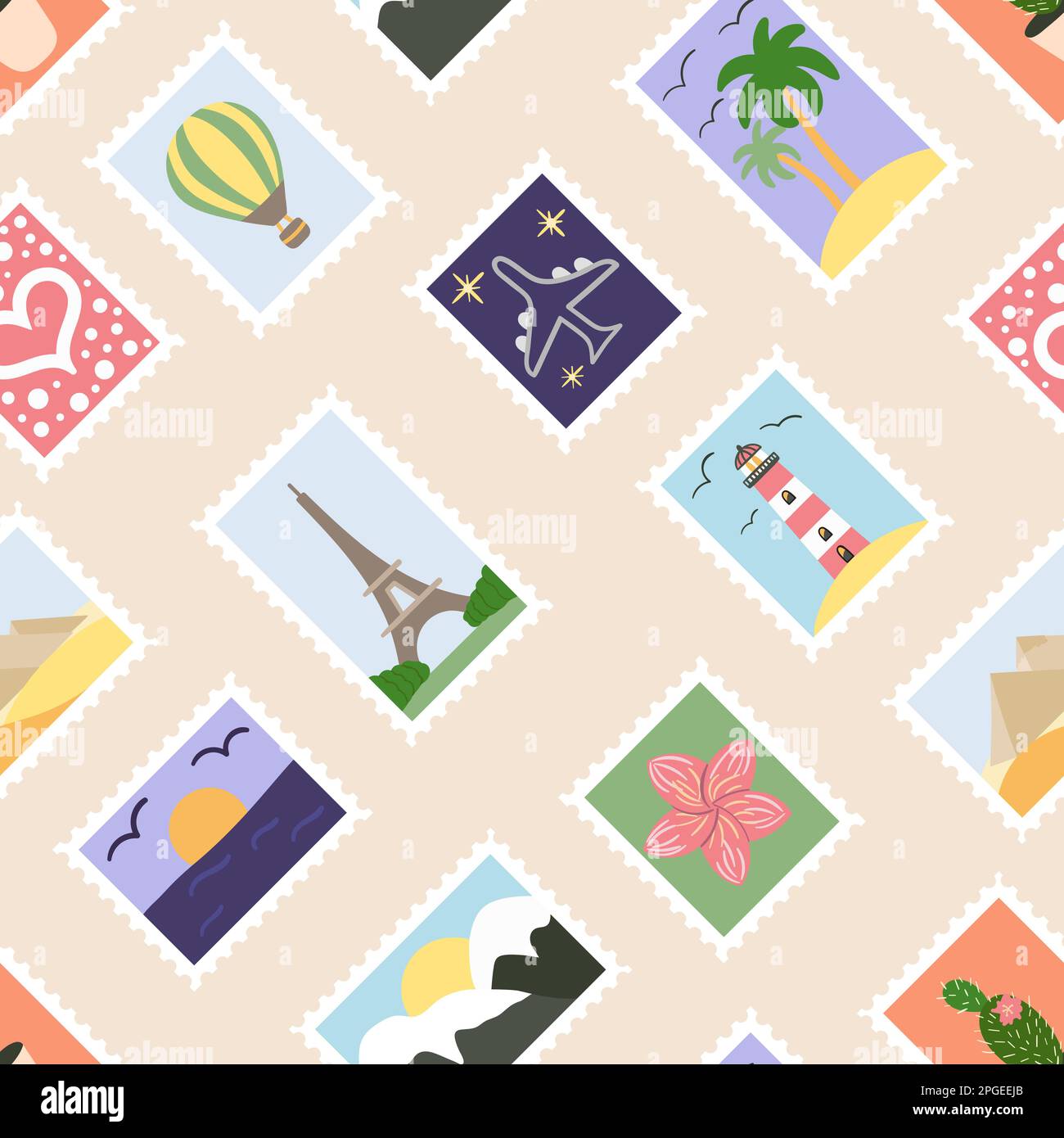 Seamless pattern of postage stamps with world attractions, landscapes ...
