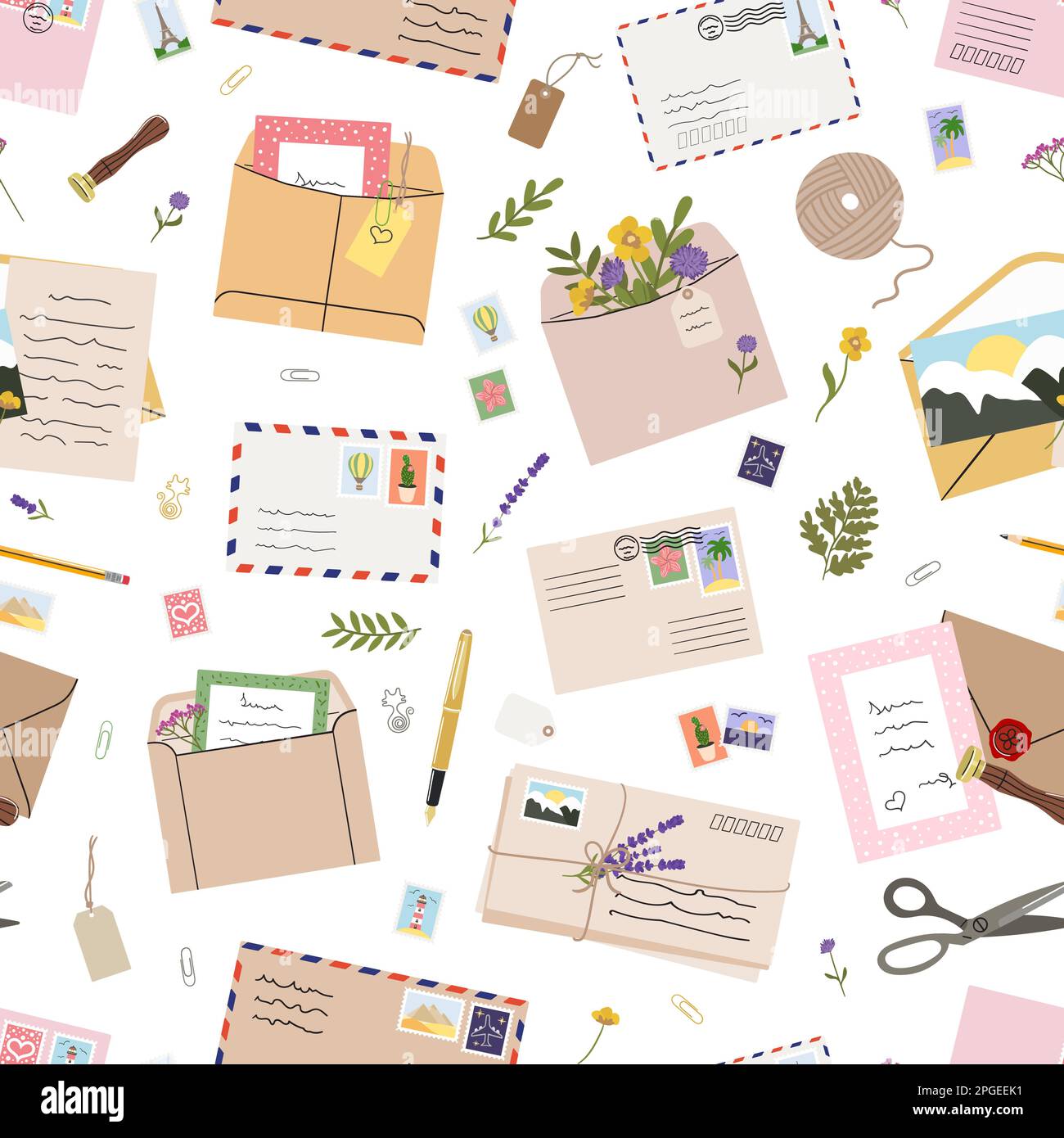 Seamless pattern of mails, envelopes, letters, postcards, postage ...