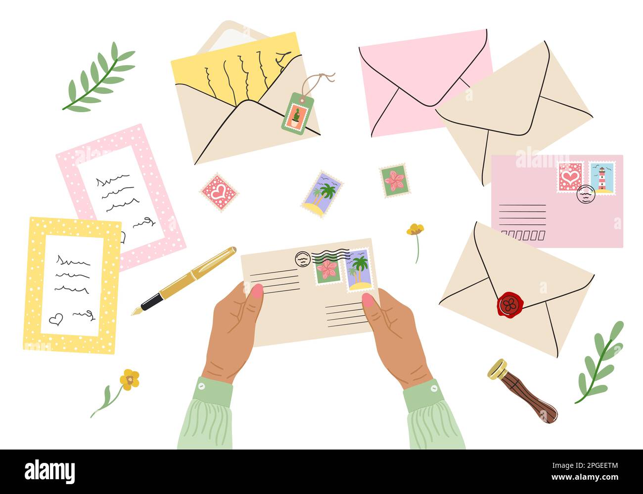 Flat lay illustration of envelopes, letters, postage stamps, stationery ...