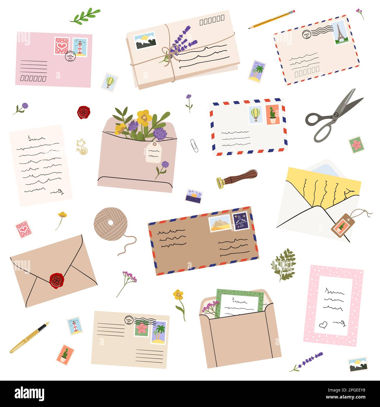 Set of mails, envelopes, letters, postcards, postage stamps and ...