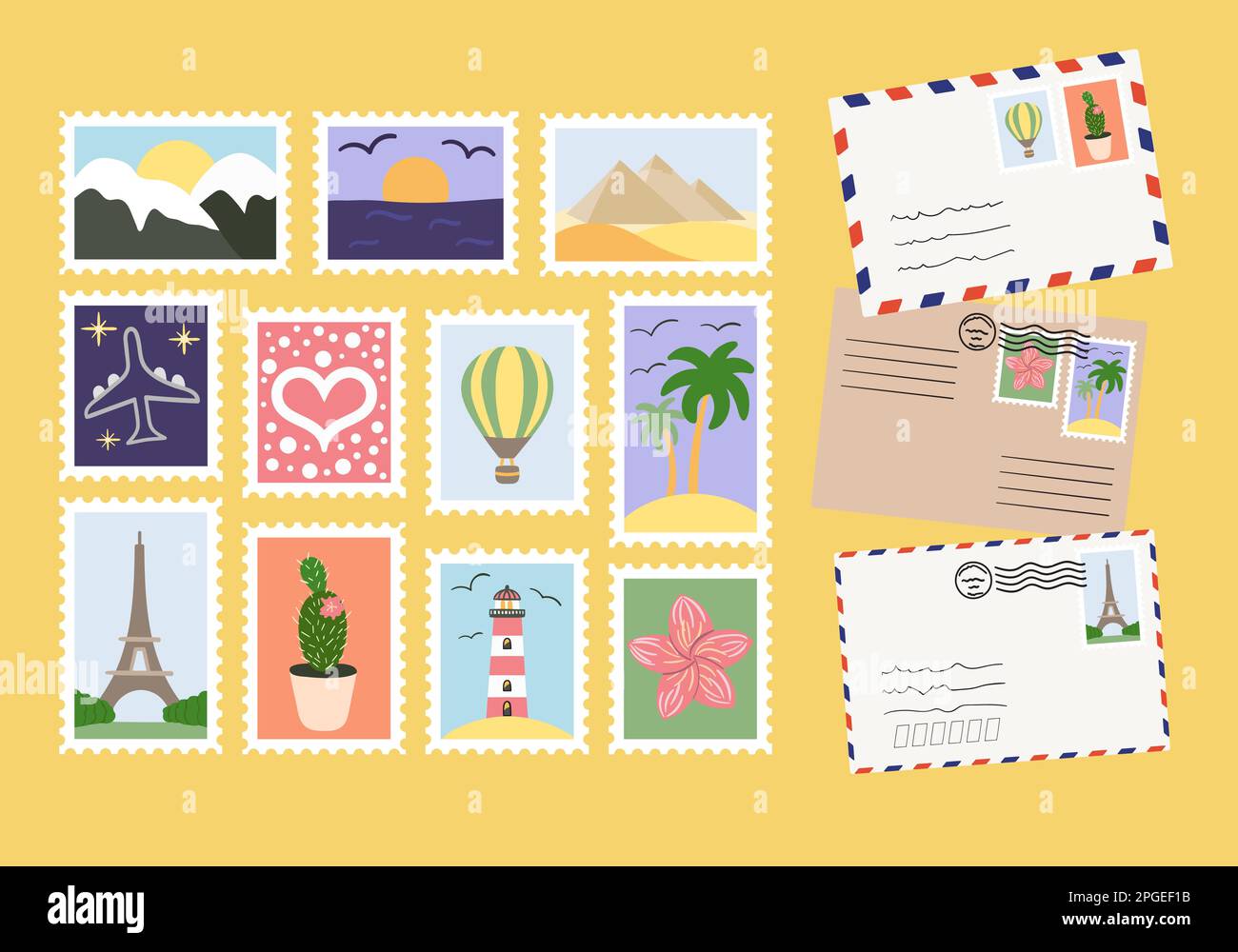 Set of mails and postage stamps with world attractions, landscapes and ...