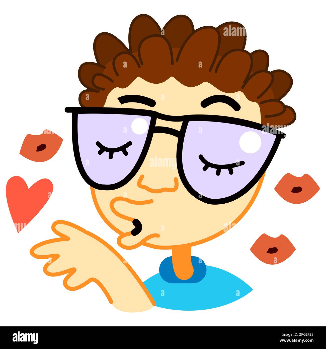 Cute curly boy sends air kisses on a white background. A young man in ...