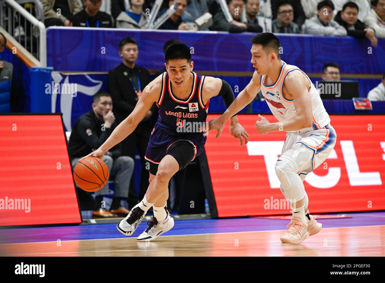Chengdu, China's Sichuan Province. 22nd Mar, 2023. Chen Ying-Chun (L) of Guangzhou Loong Lions ...