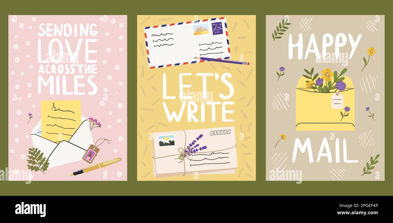 Set of colorful cards with lettering, mails, envelopes, letters and ...