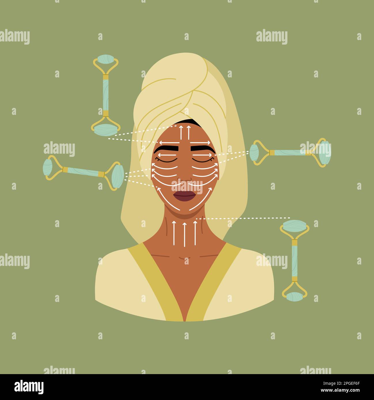 Facial massage direction infographic. Portrait of young African woman ...