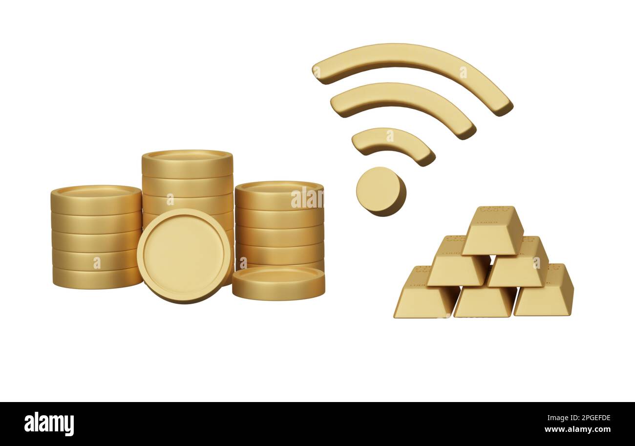 3D render Set of golden coin in different shape isolated on white ...