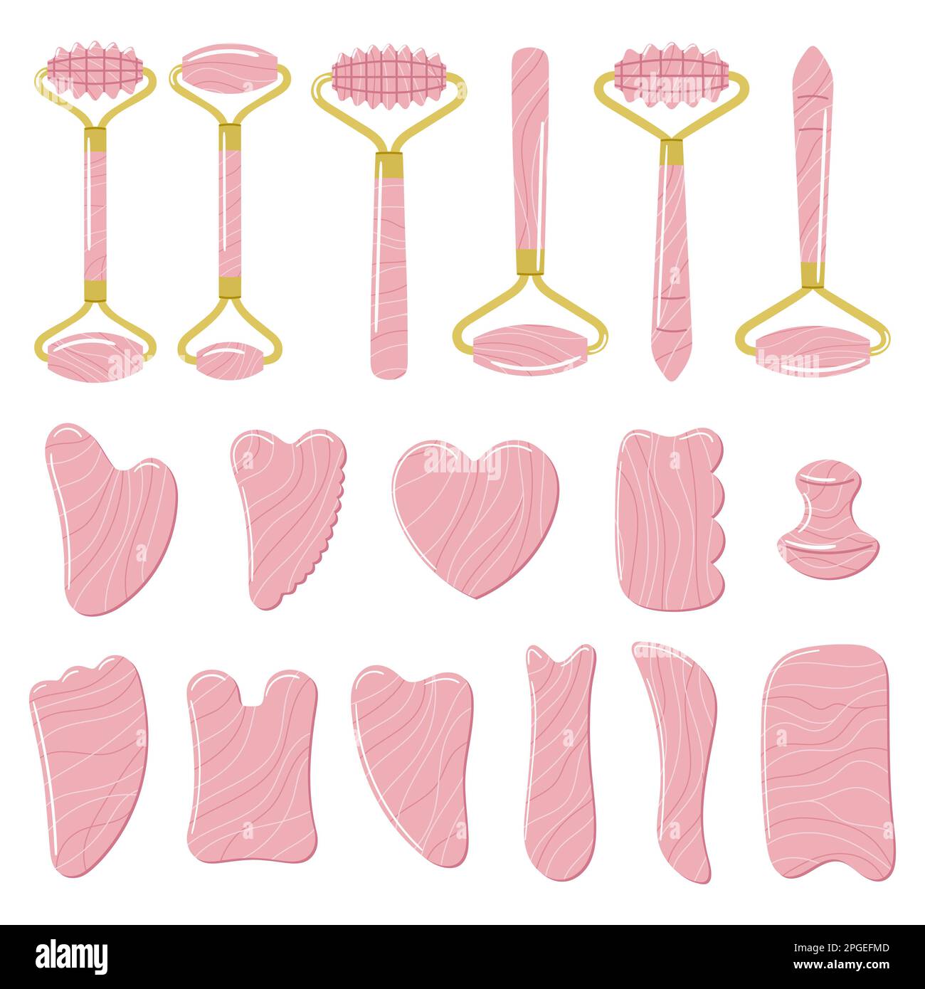 Big set of different gua sha stones and rollers are made of rose quartz ...