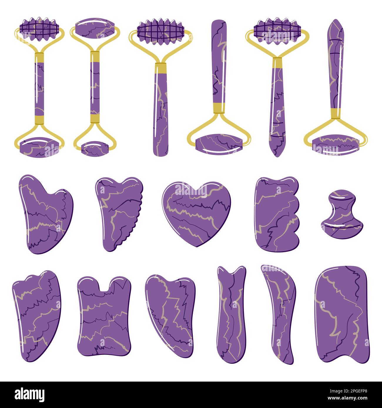 Big set of different gua sha stones and rollers are made of purple ...