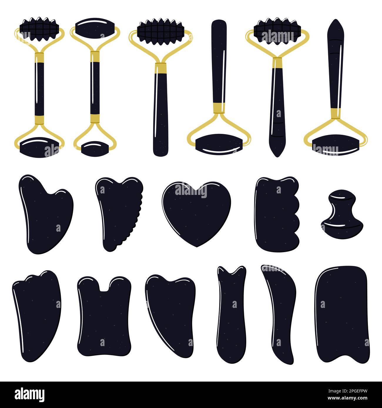 Big set of different gua sha stones and rollers are made of black ...