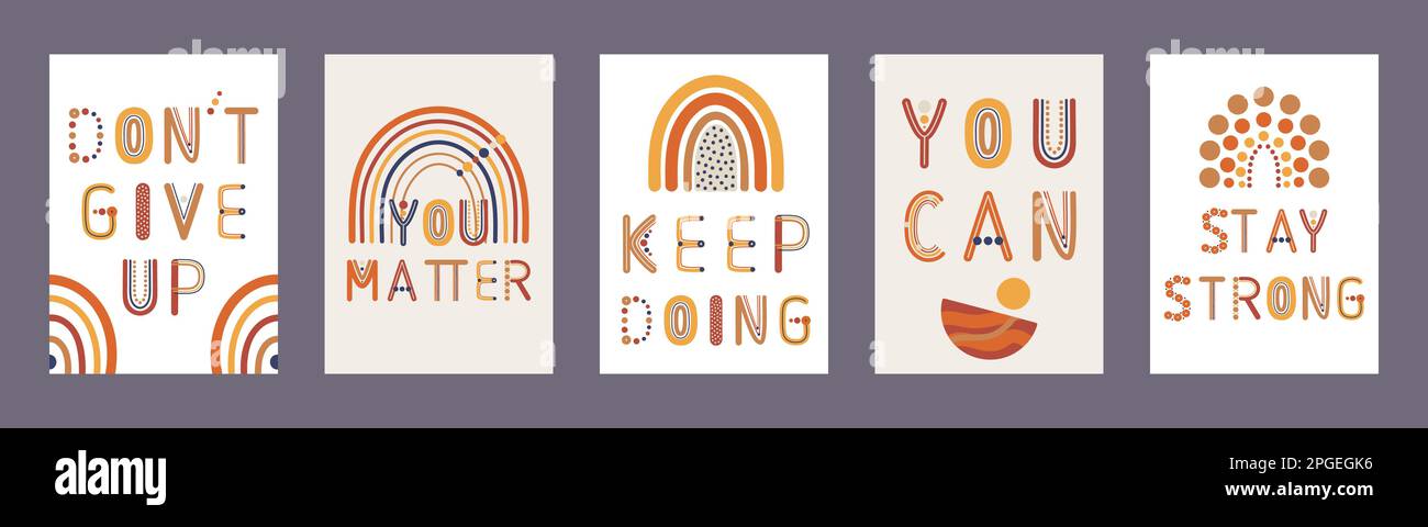 Set of boho wall decor prints with rainbow letters. Encouragement and ...