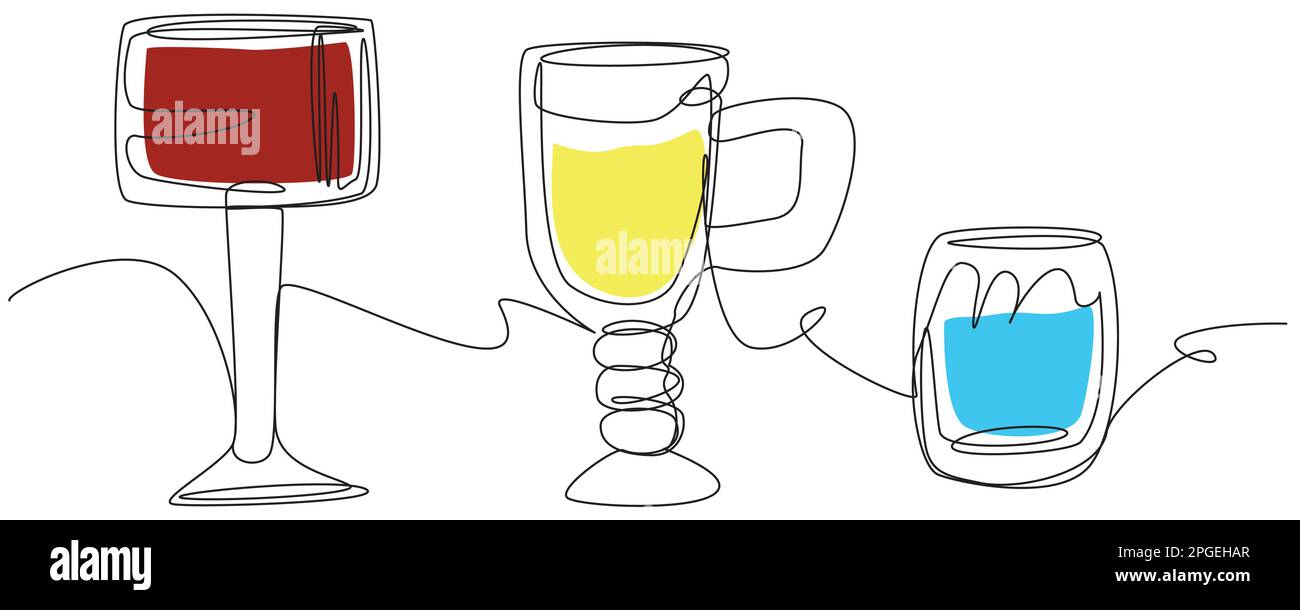 Multi-colored cocktails with glasses of different shapes in one line on ...