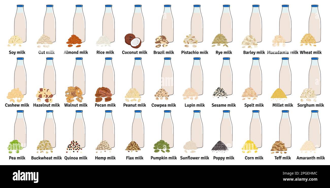 Set of bottles with plant-based milk. Vegan milk in glass bottles ...