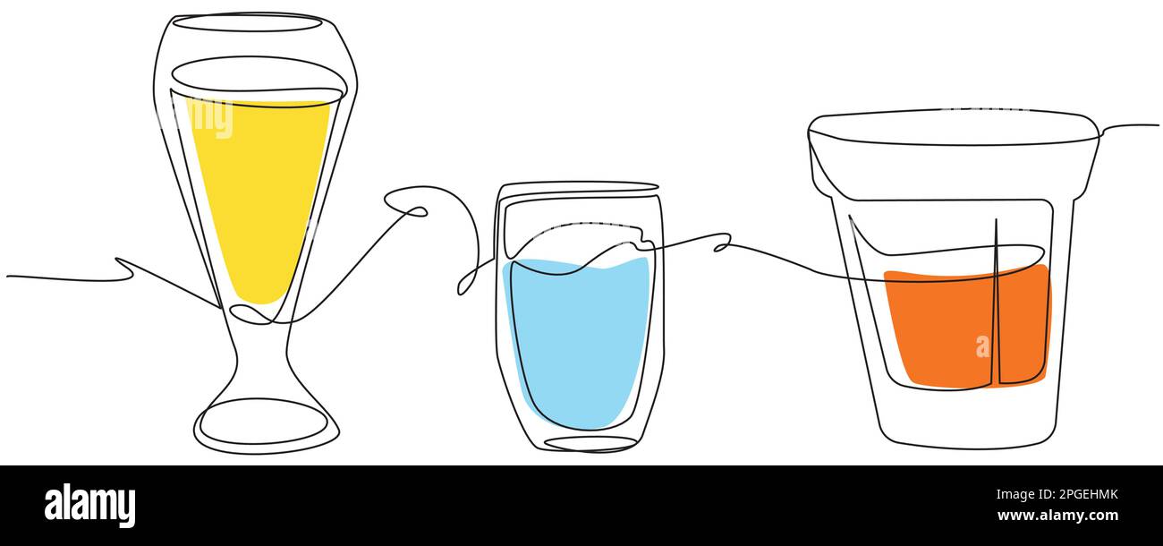 Multi-colored cocktails with glasses of different shapes in one line on ...