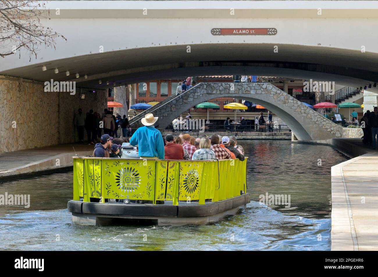 San Antonio, Texas, USA - February 2023: Visitors on a river boat which ...