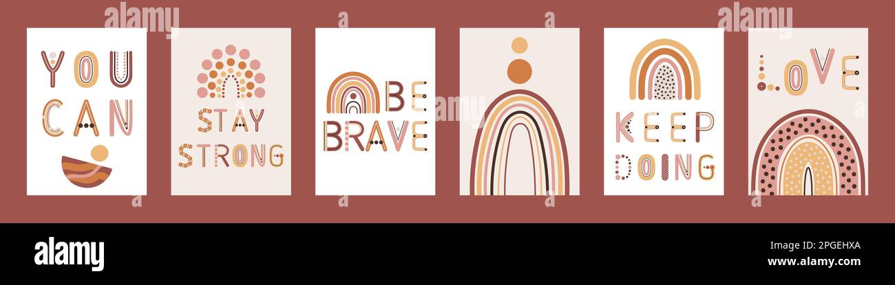 Set of boho wall decor prints with rainbow letters. Encouragement and ...