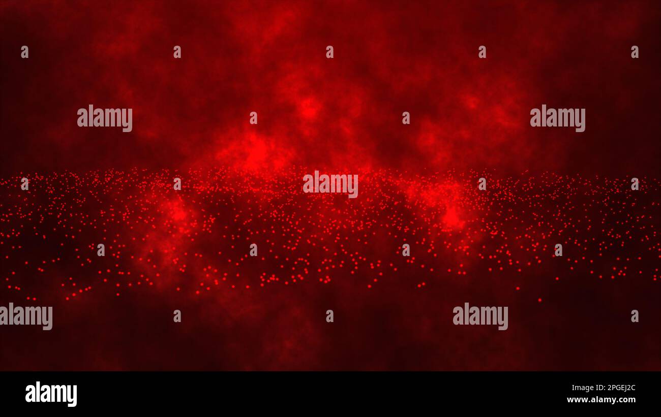 Abstract red with dust particle on the white background. Beautiful wave shaped array of glowing ...