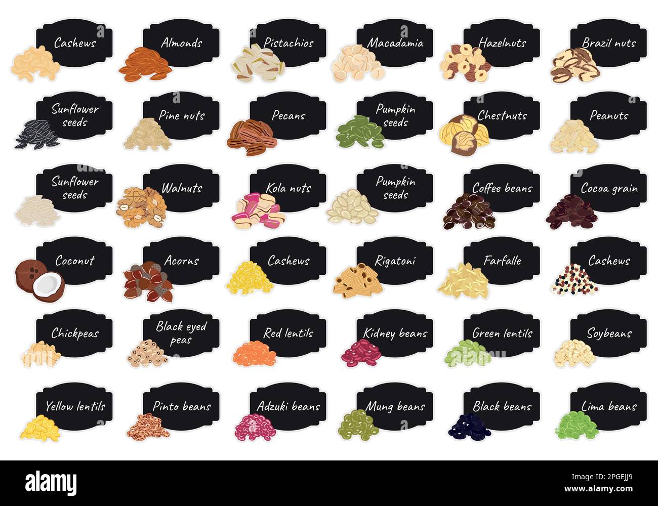 Set of stickers and labels of nuts, beans and legumes. Chickpea, mung ...