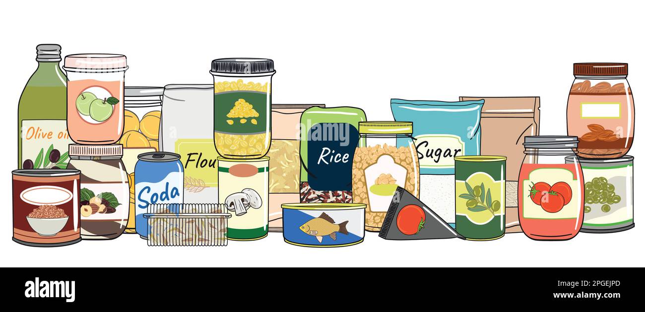 Set of canned food. Preserved food in cans, glass jars, metal ...