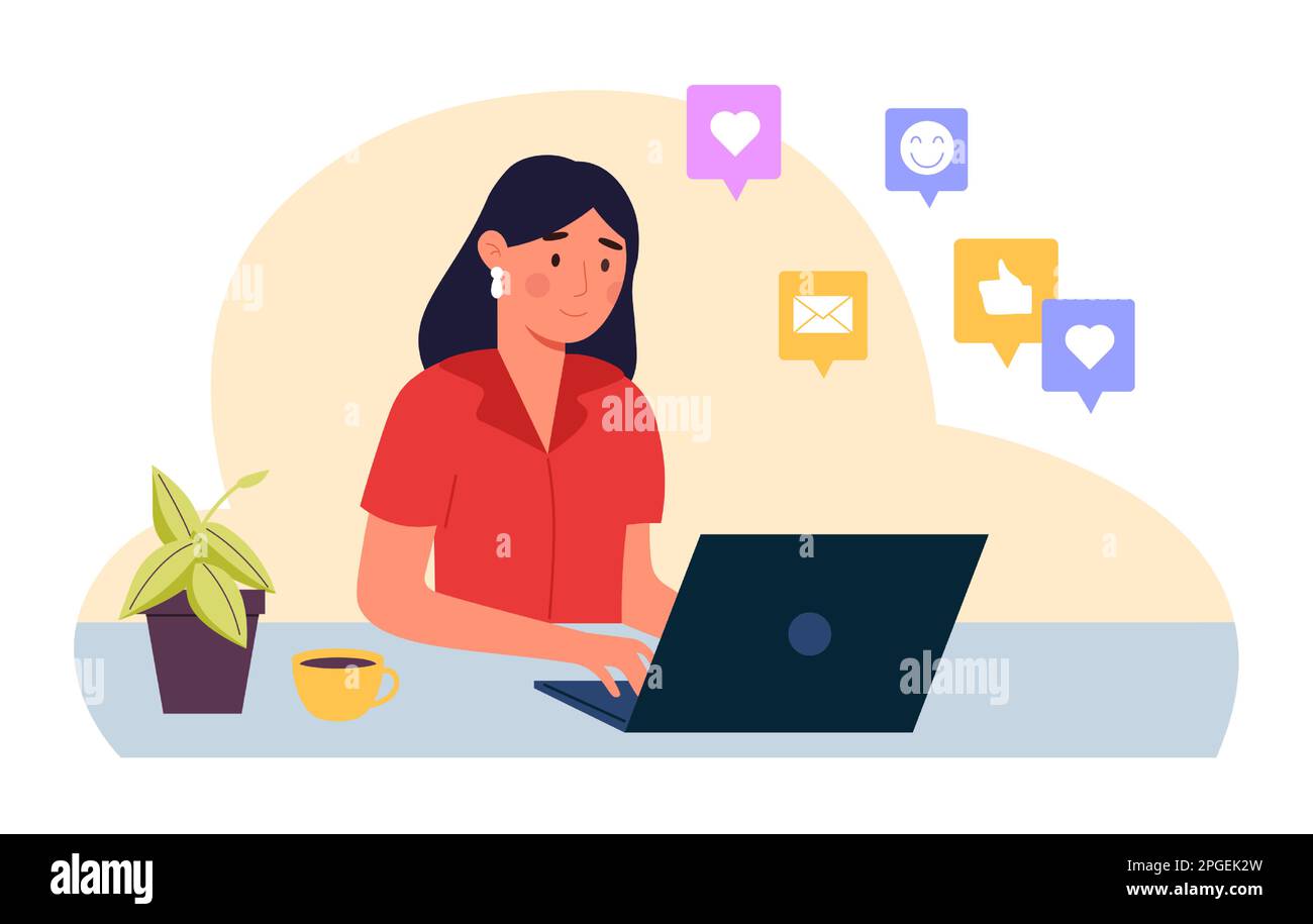 Woman communicating in social media network in laptop. Vector of ...