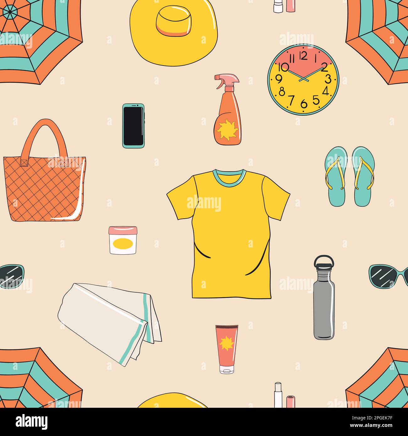 Seamless pattern of sunbathing beach essentials. Skin protection and ...