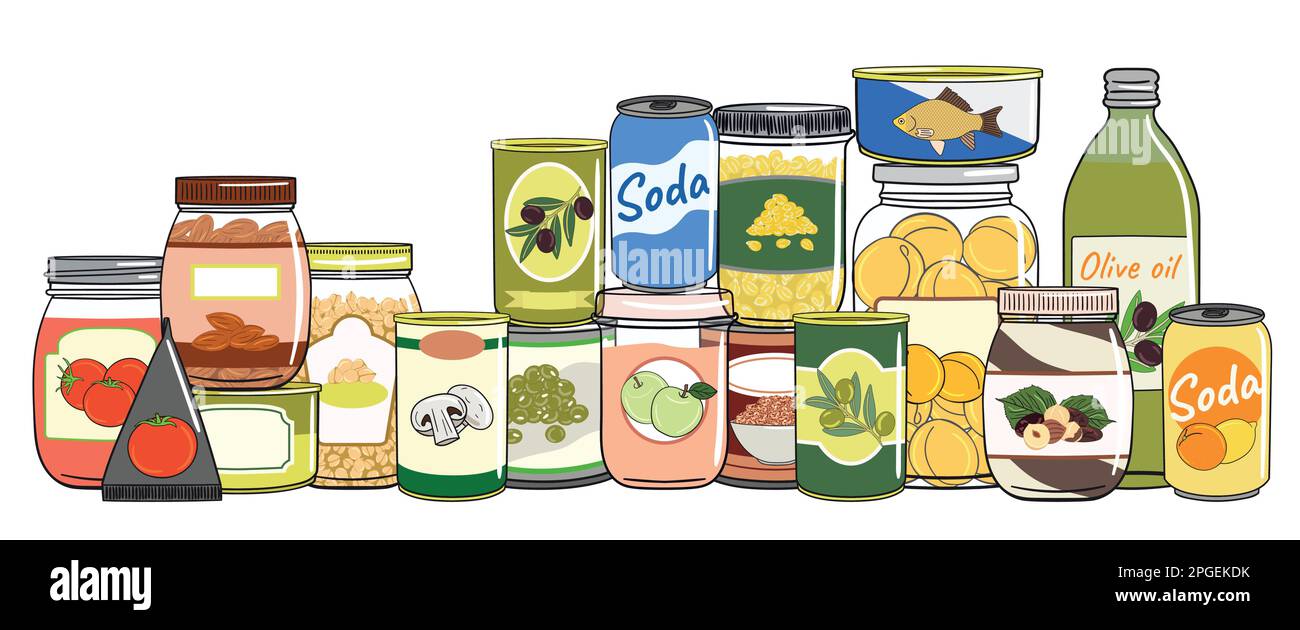 Set of canned food. Preserved food in cans, glass jars, metal ...