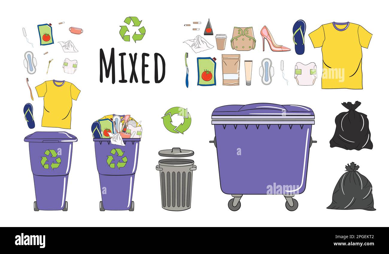 Set of garbage cans with mixed garbage. Trash bins full of rubbish ... Set of garbage cans with mixed garbage. Trash bins full of rubbish ...