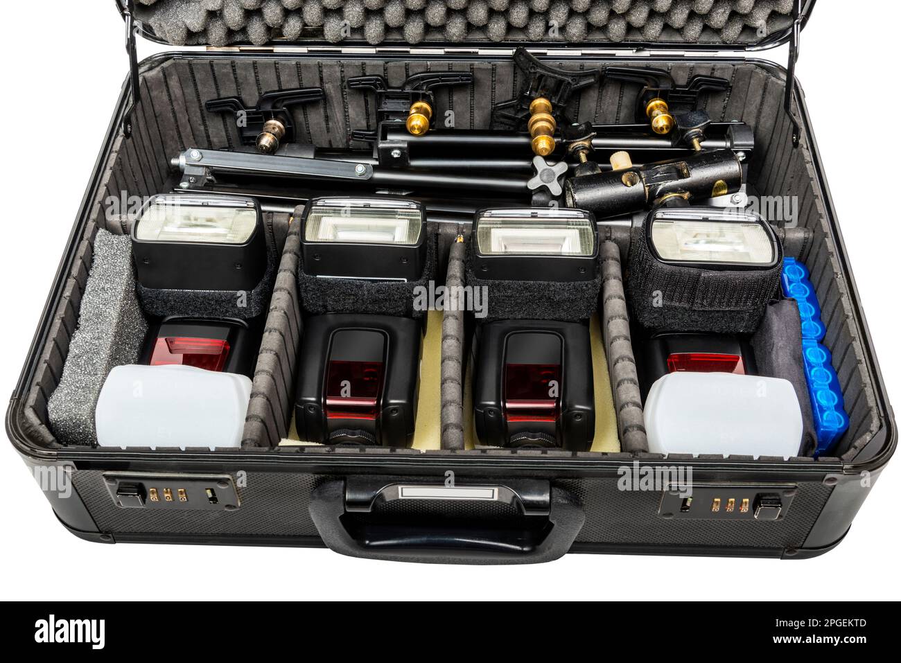 Horizontal shot of a case filled with photo equipment, wireless ...