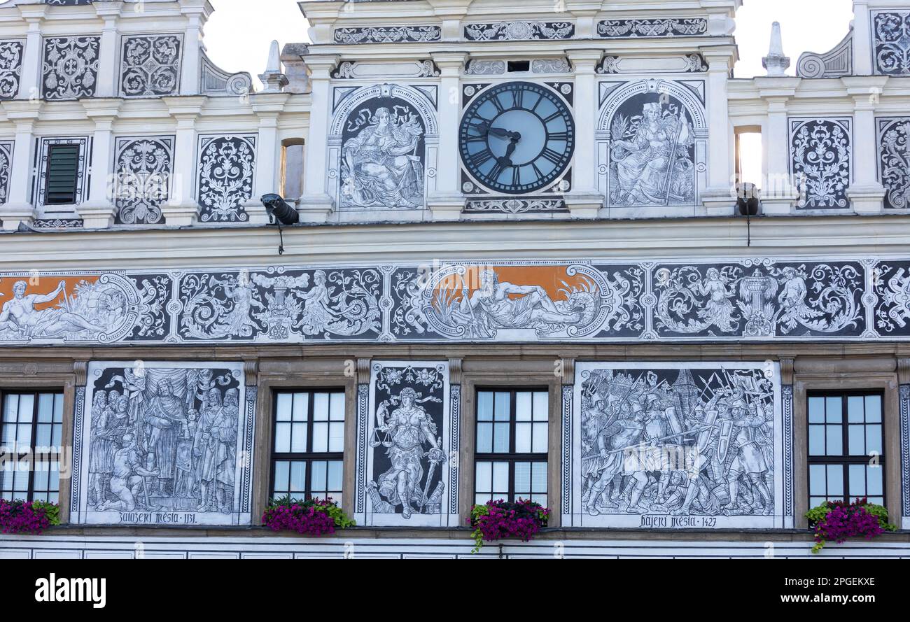 STRIBRO, CZECH REPUBLIC, EUROPE - Town Hall, exterior decoration with ...