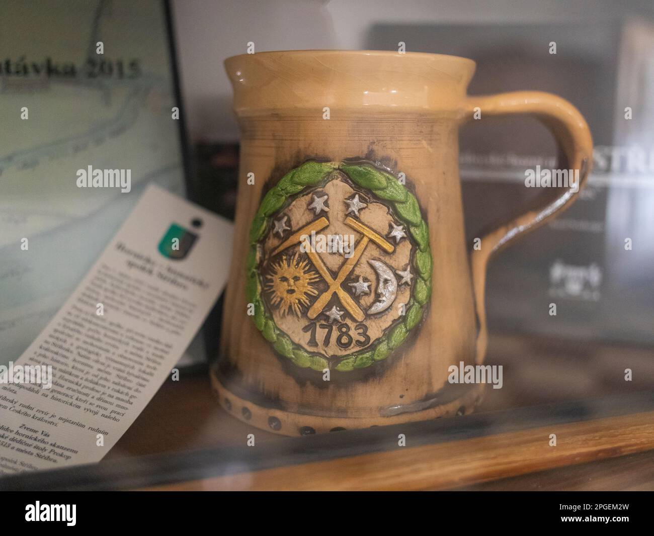STRIBRO, CZECH REPUBLIC, EUROPE - Ceramic mug on display in Town Hall ...