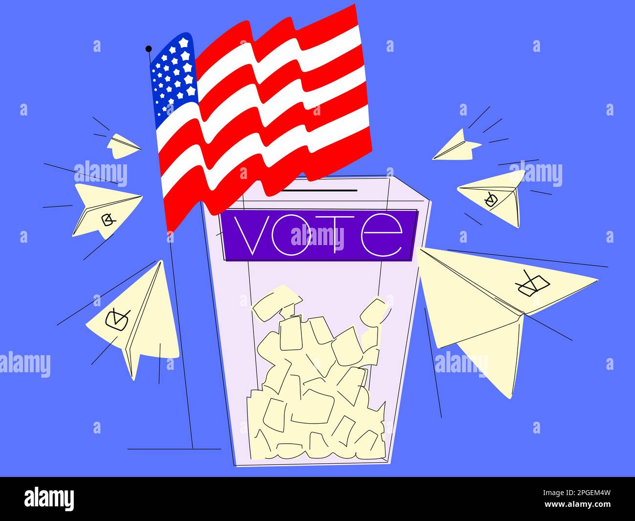 Flying paper planes into the ballot box with the US flag on a blue ...