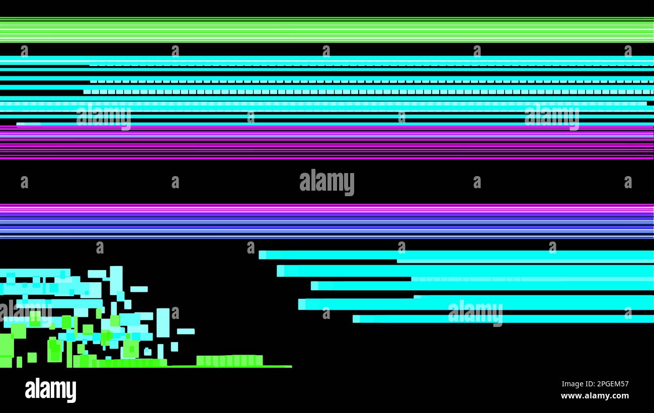 Linear glitch with blue, pink and green pixels on a black background ...