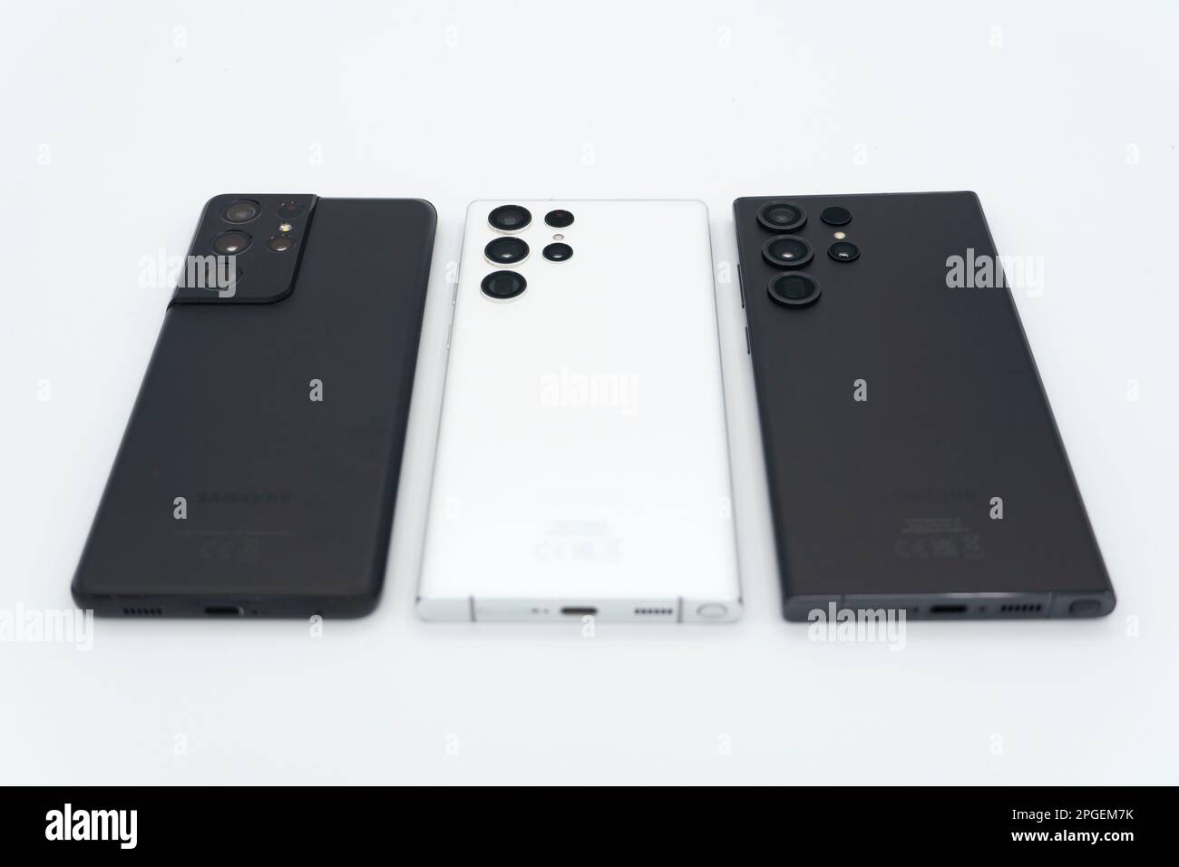 High angle view of three flagship Samsung Galaxy smartphones side by ...