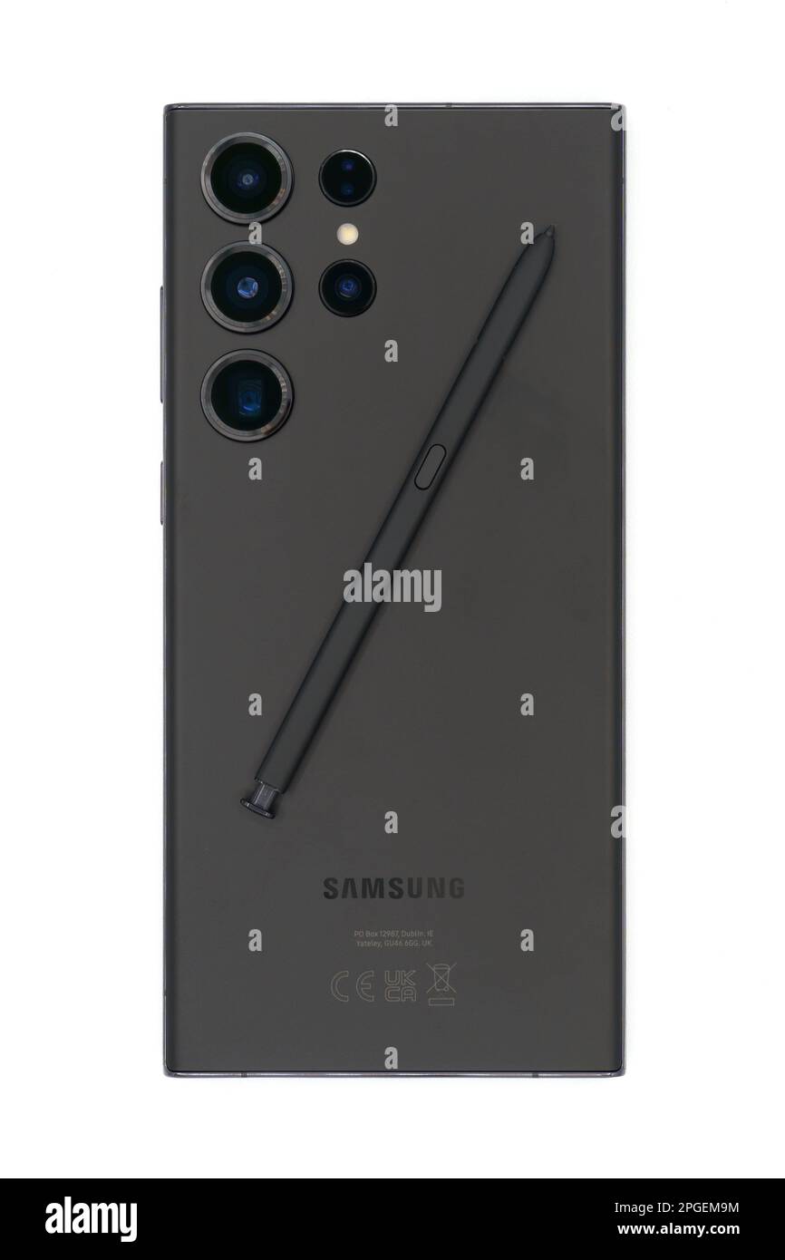 Close up of the camera lenses on a phantom black Samsung Galaxy S23 ...