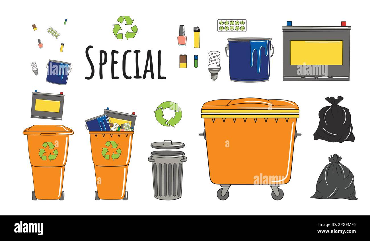 Set of garbage cans with special garbage. Recycle trash bins full of ... Set of garbage cans with special garbage. Recycle trash bins full of ...
