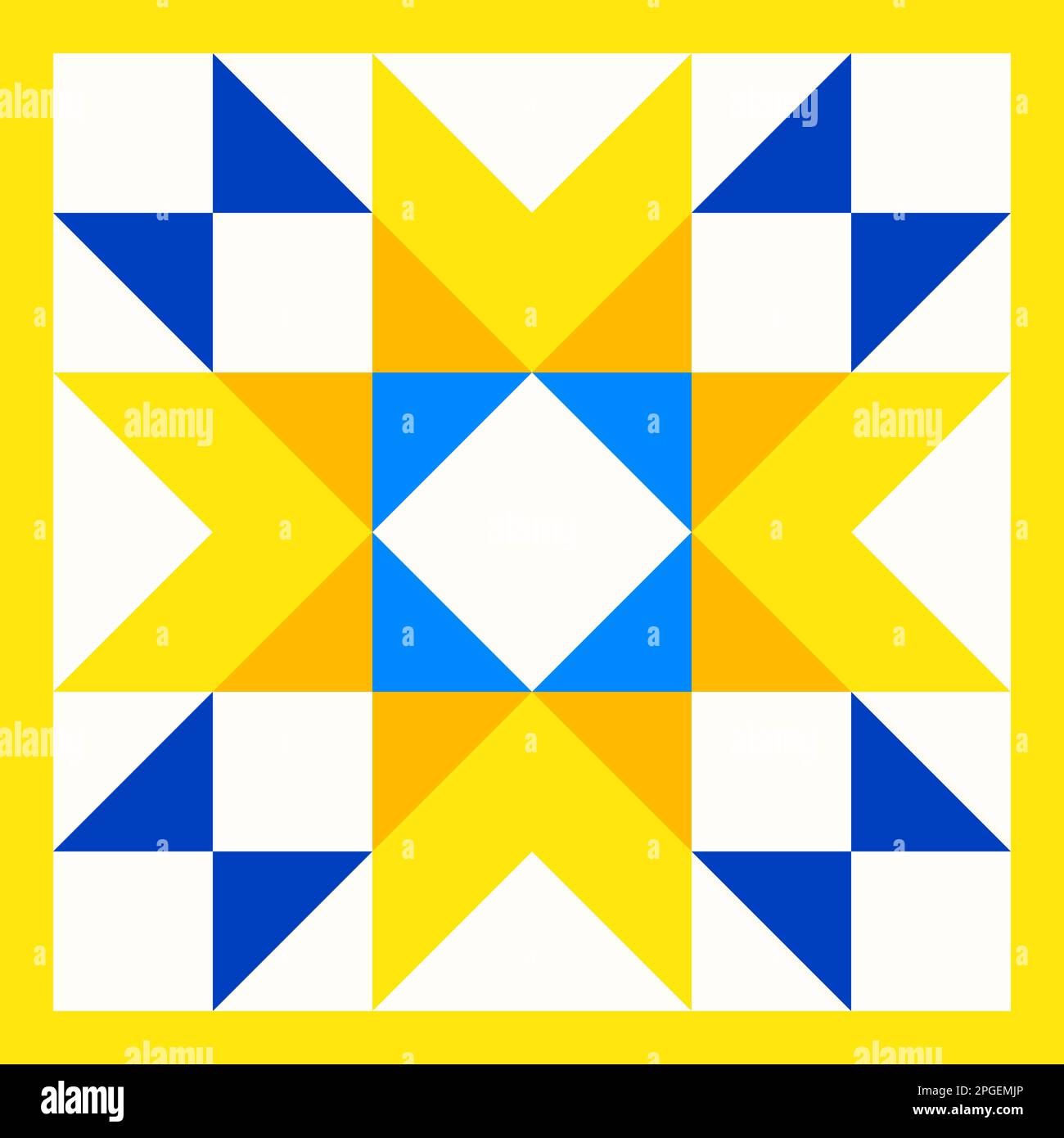 Geometric star pattern inspired by duvet patchwork quilting. Yellow and blue abstract background ...