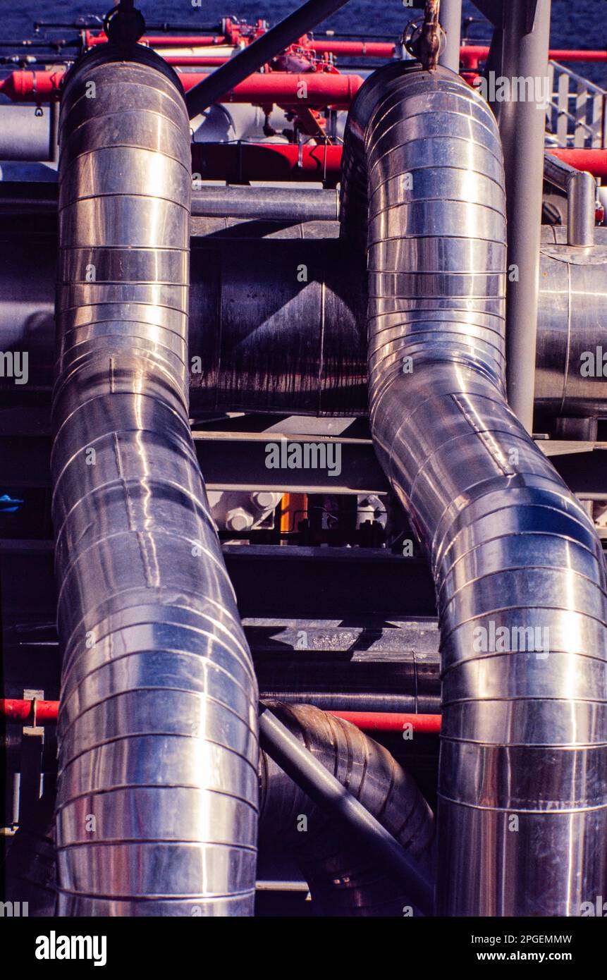 Metallic structure, pipeline at offshore oil platform. Campos Basin ...