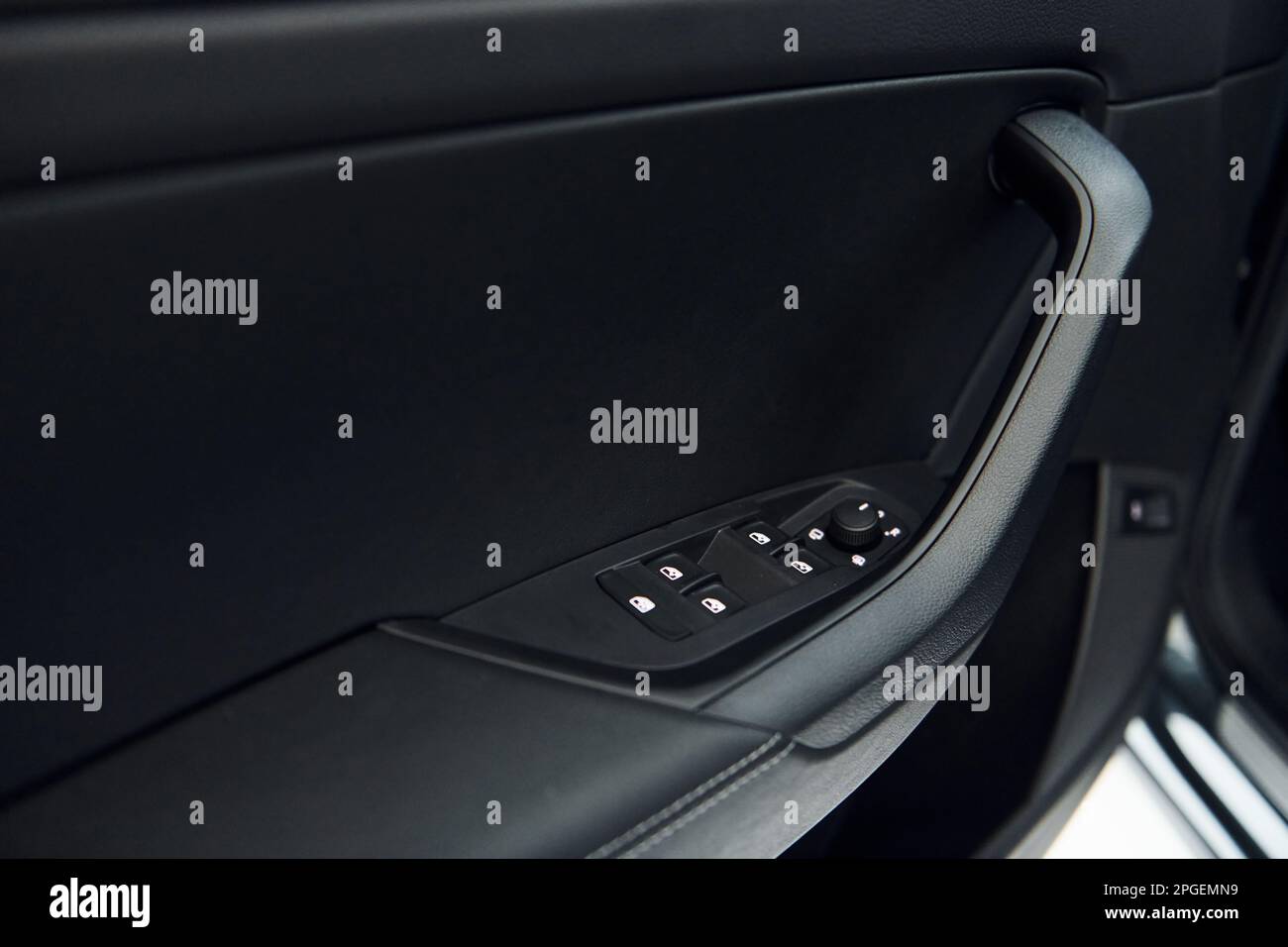 Car's window. Close up focused view of brand new modern black ...