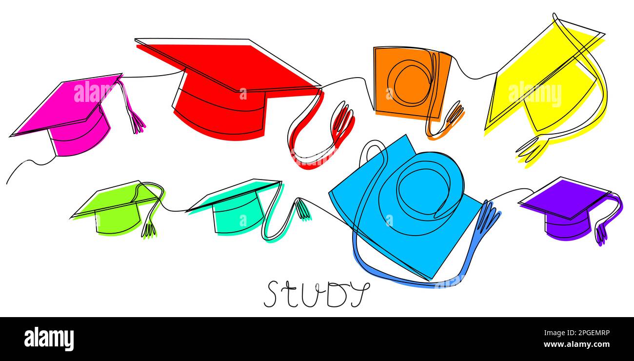 Multicolored student caps in one line on a white background Stock ...