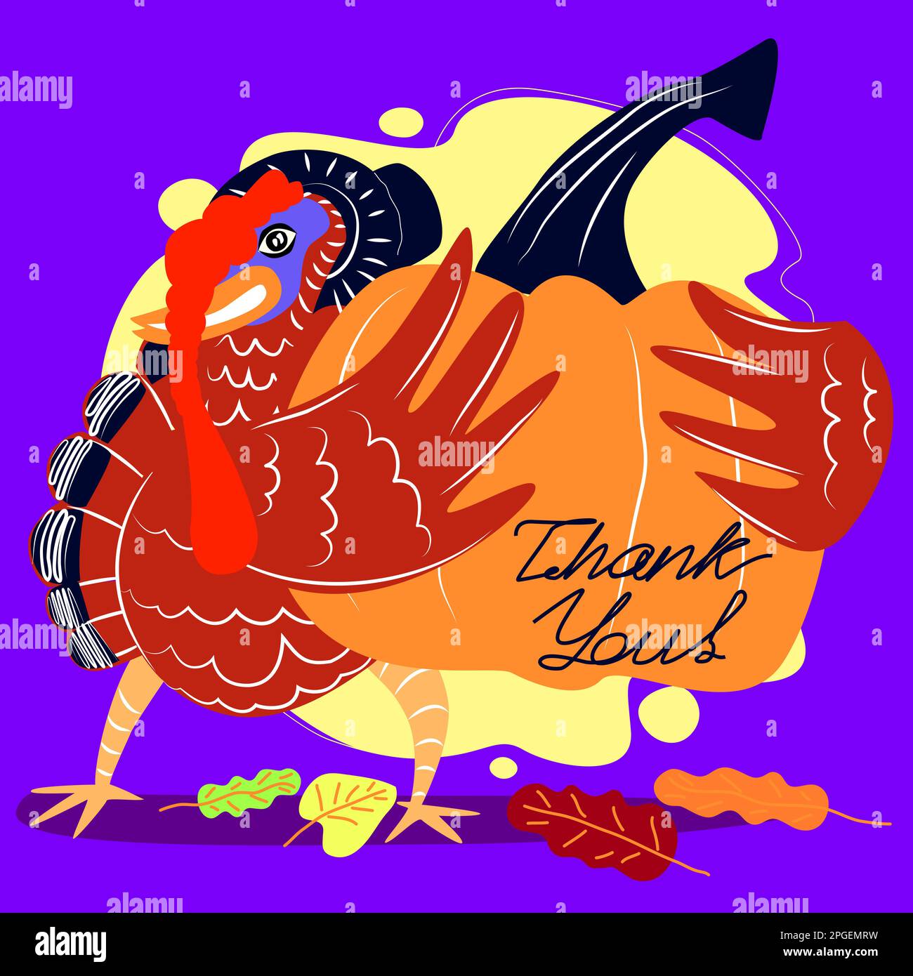 Smiling turkey holding a pumpkin with the inscription Thank you Stock ...
