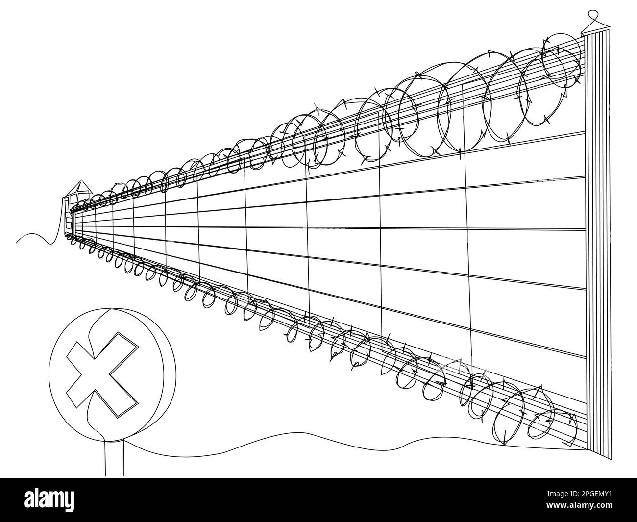 Barbed wire on a continuous line border on a white background Stock ...