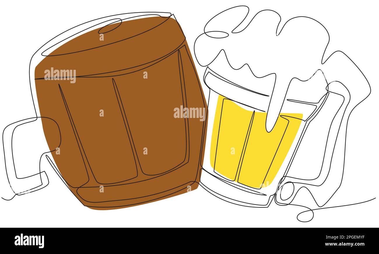 A keg and a glass with beer in one line with a colored background on a ...