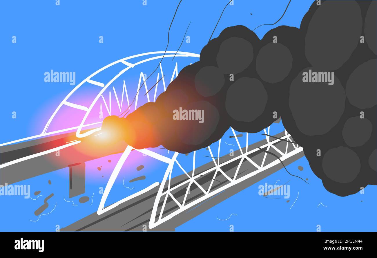 Crimean bridge after destruction with smoke on a blue background Stock ...