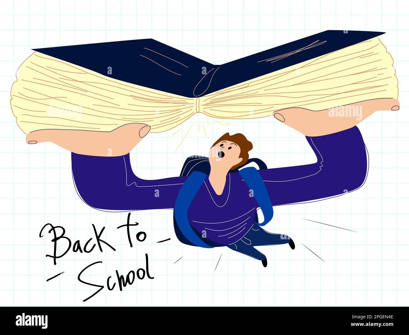 A schoolboy enthusiastically reads a book while flying in space. Vector ...