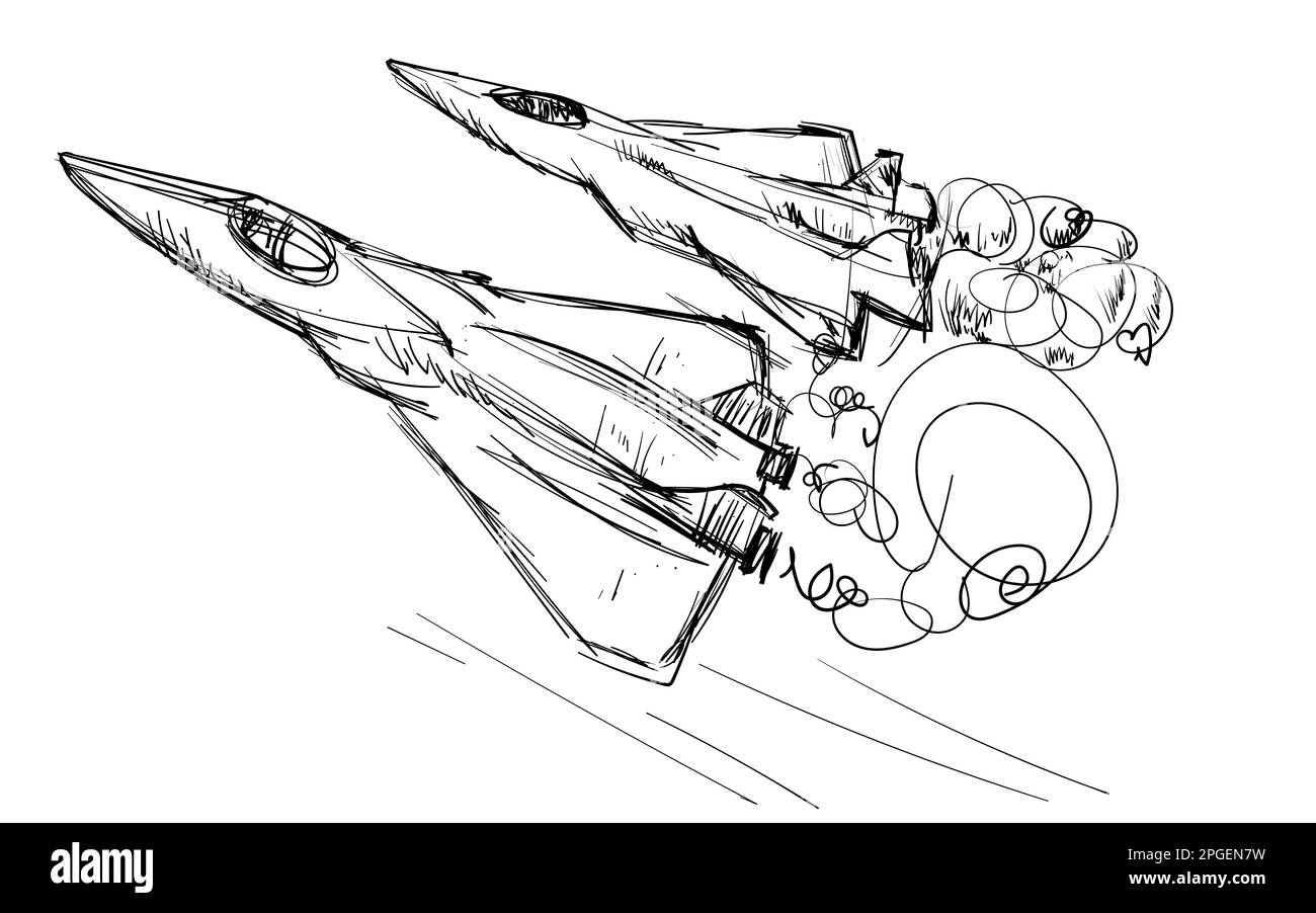 Two fighter planes in sketch style on a white background. Flying ...