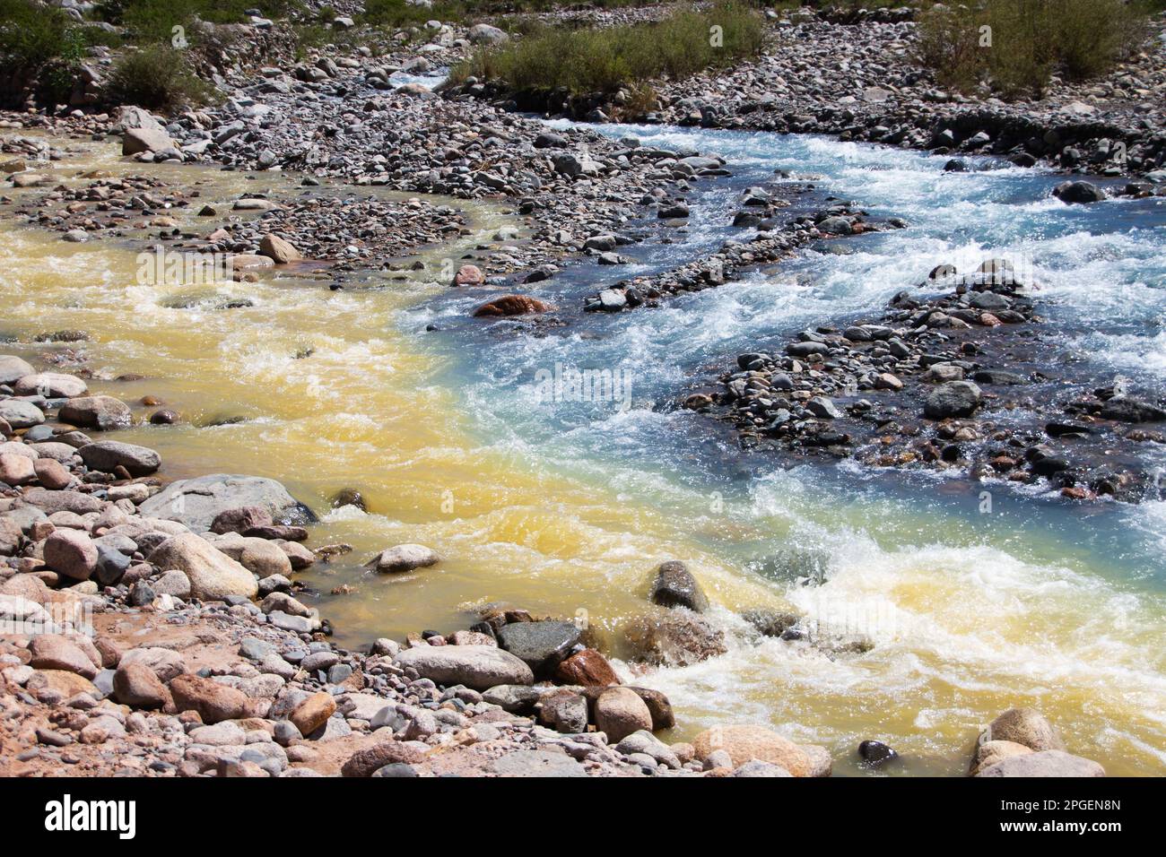 Union of two rivers of different color Stock Photo - Alamy