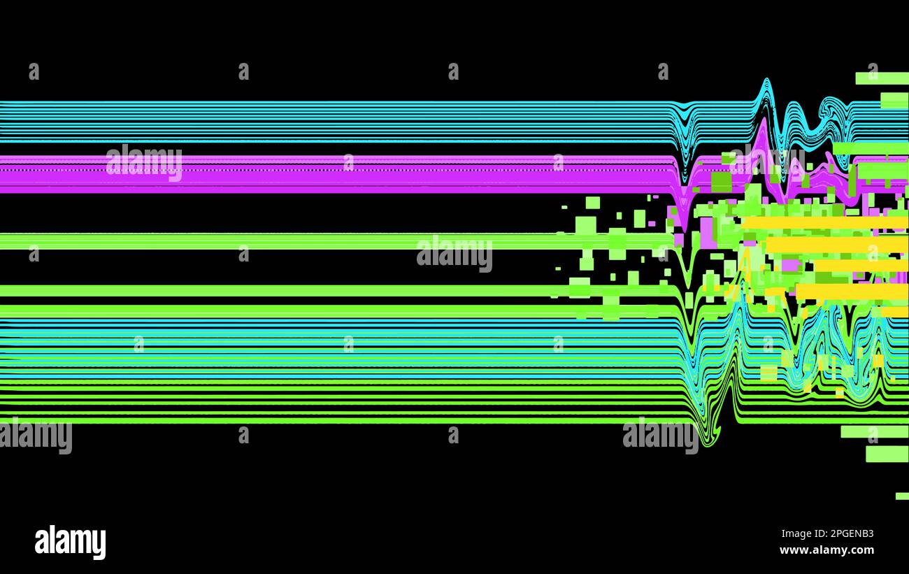 Linear wavy Glitch effect of green and blue pixels on a black ...