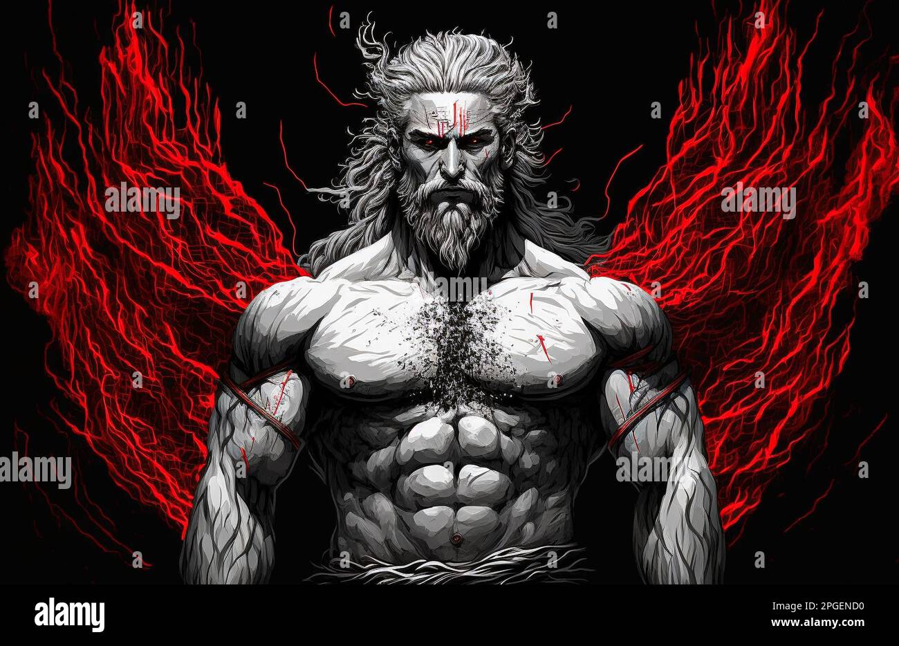 A Zeus standing in a dramatic pose with red flames in his hands looking ...