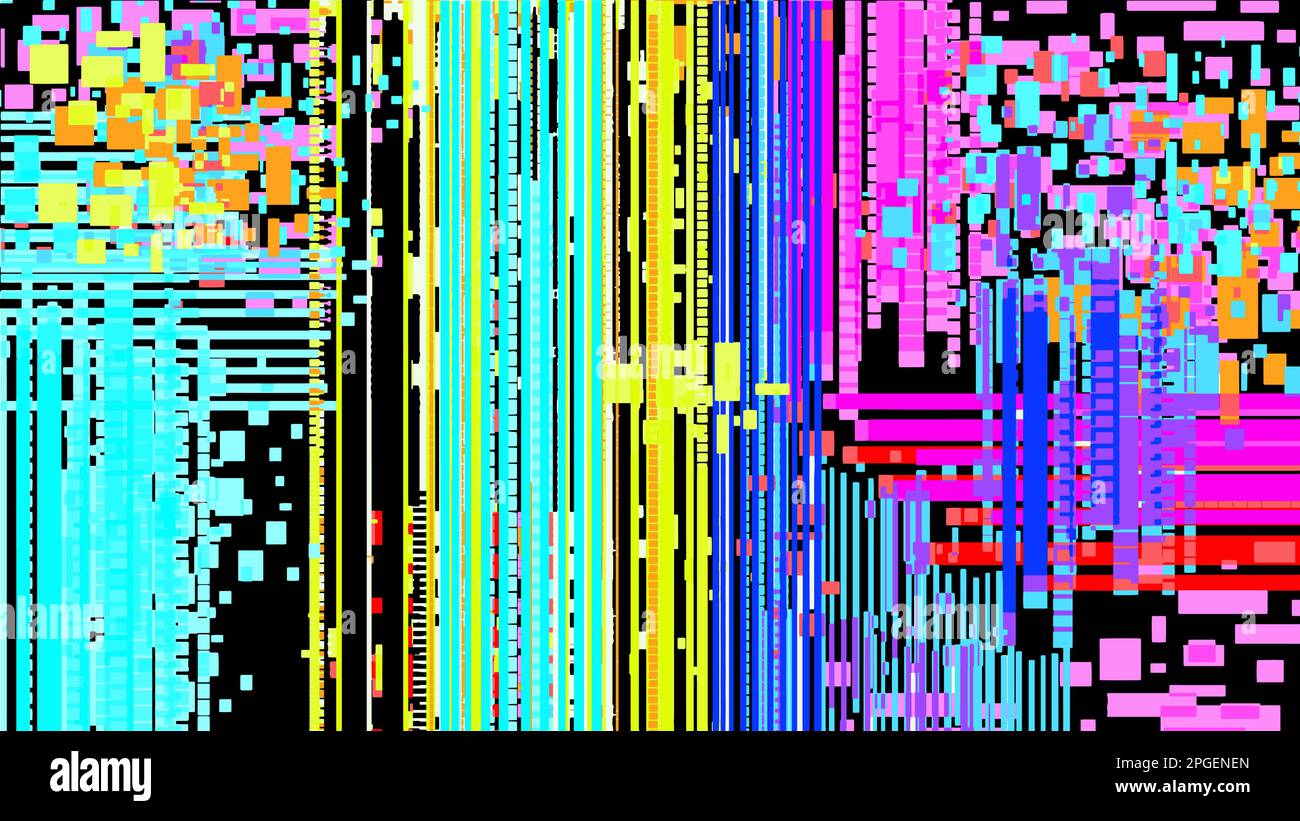 Horizontal iridescent glitch noise and pixels on a black background ...